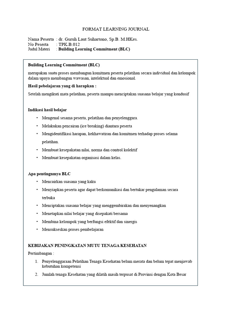 TPK.B012. DR Guruh Laut Tugas BLC Dan Manajemen Pelatihan | PDF