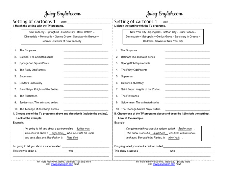 Cartoon Settings Matching Worksheet | PDF | Home & Garden