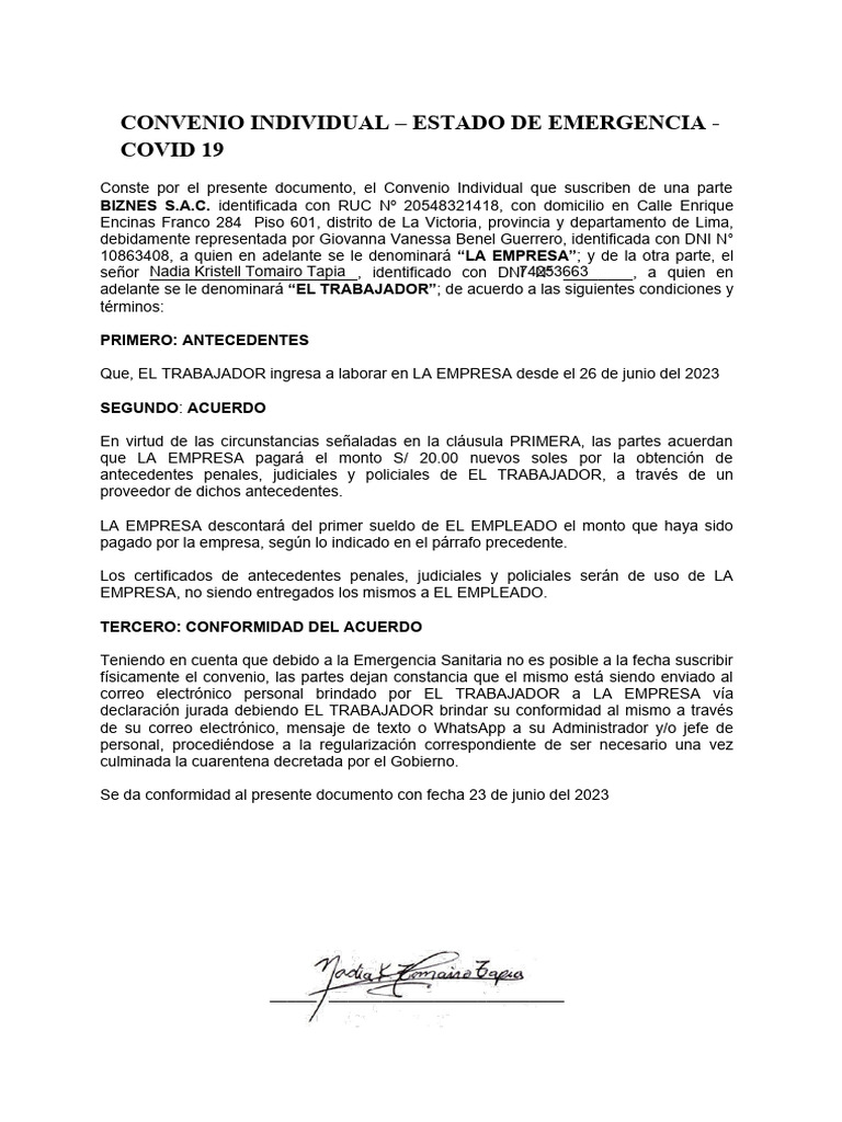 Convenio Individual BIZNES S.A.C. | PDF