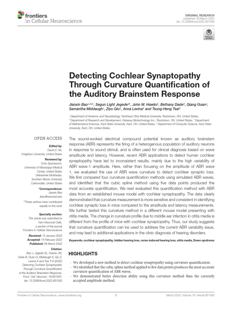 Detecting Cochlear Synaptopathy Through Curvature | PDF | Hearing ...