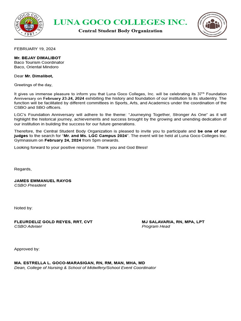 Letter Format For Invitation of Judge | PDF