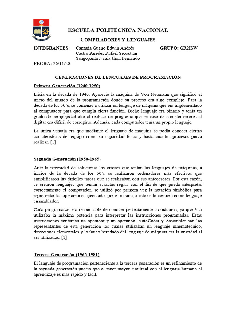 Historia de Los Lenguajes de Programación - Cantuña Andres, Castro Sebastian, Sangopanta Jhon ...