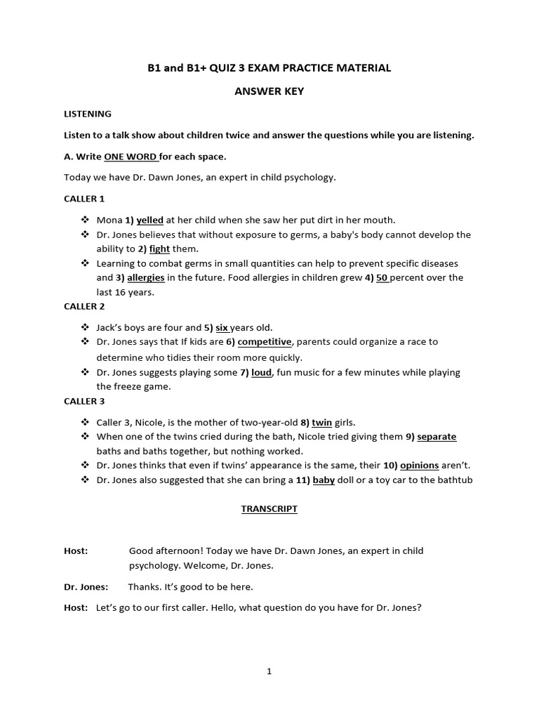 Self-study 2023-2024 Spring b1 and b1+ Quiz 3 Exam Practice Material- Answer Key-18.03 | PDF ...