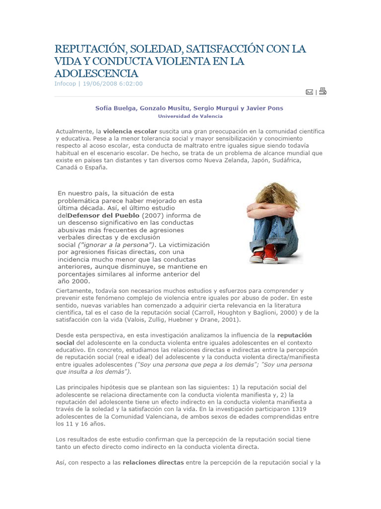 Reputación, Soledad, Satisfacción Con La Vida y Conducta Violenta en La ...