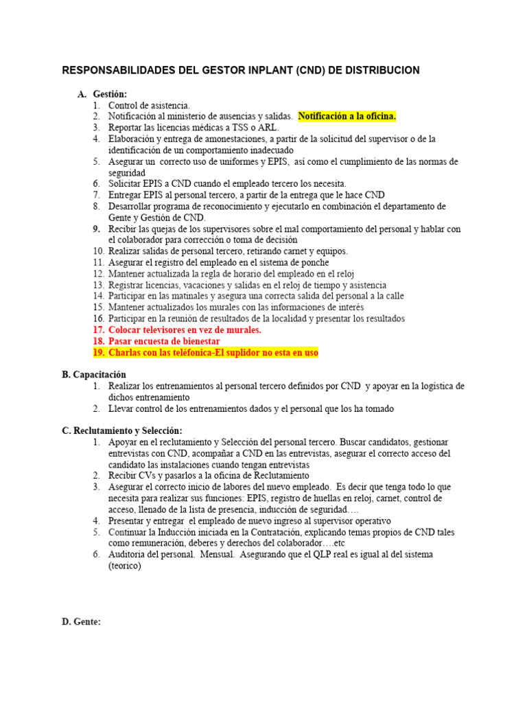 Responsabilidades Del Gestor Inplant CND | PDF