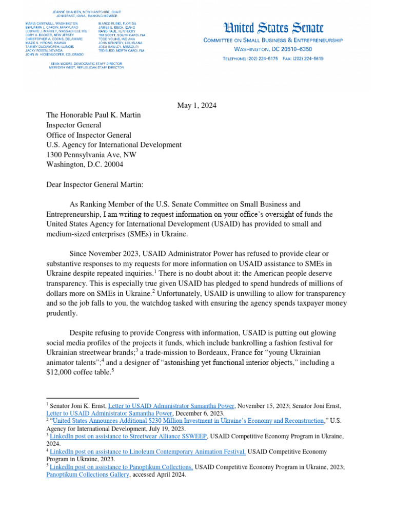 Ranking Member Ernst Letter to USAID IG | PDF | United States Agency ...