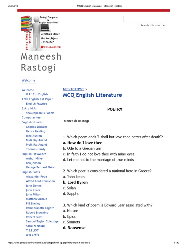 MCQ English Literature - Maneesh Rastogi | PDF | Poetry | English Literature