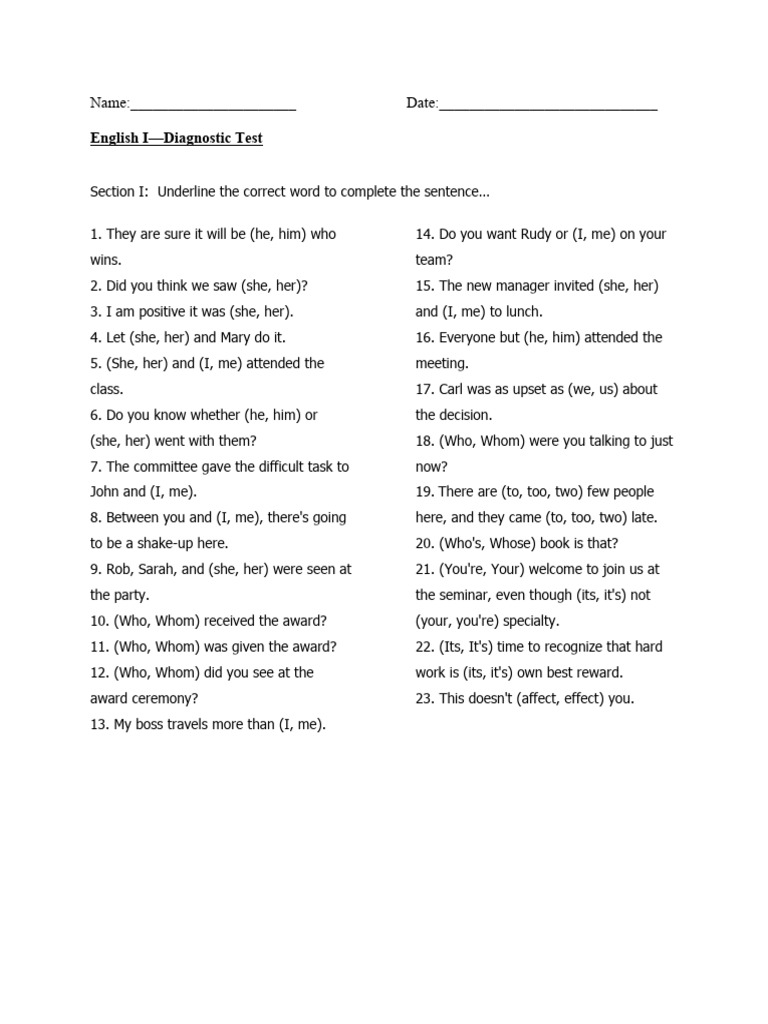 English I Diagnostic Grammar Test | PDF