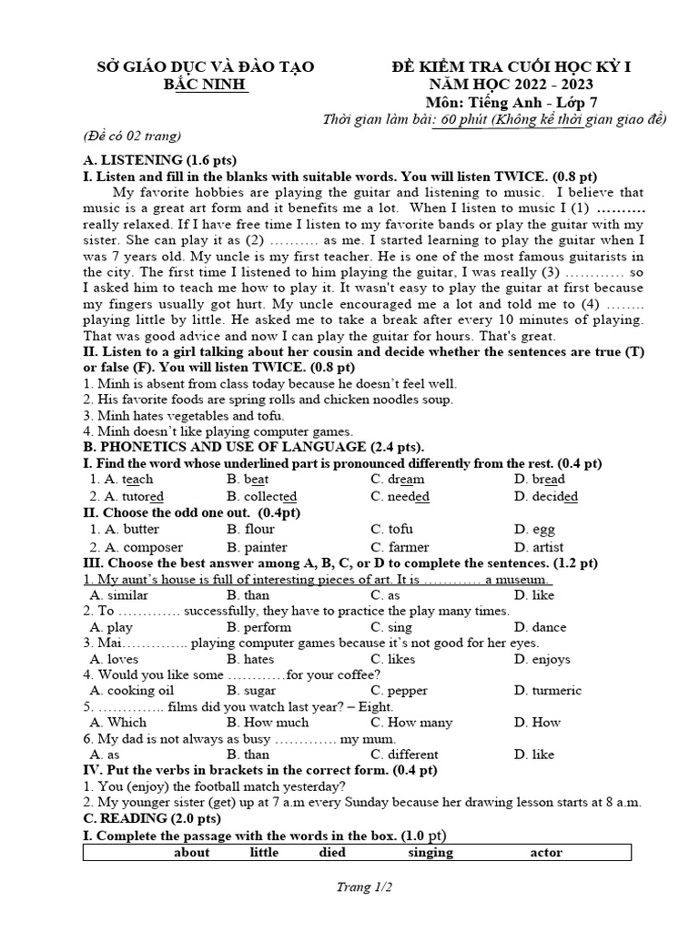 Đề Anh 7-Cuối HK1 2022-2023 | PDF | Foods | Cuisine