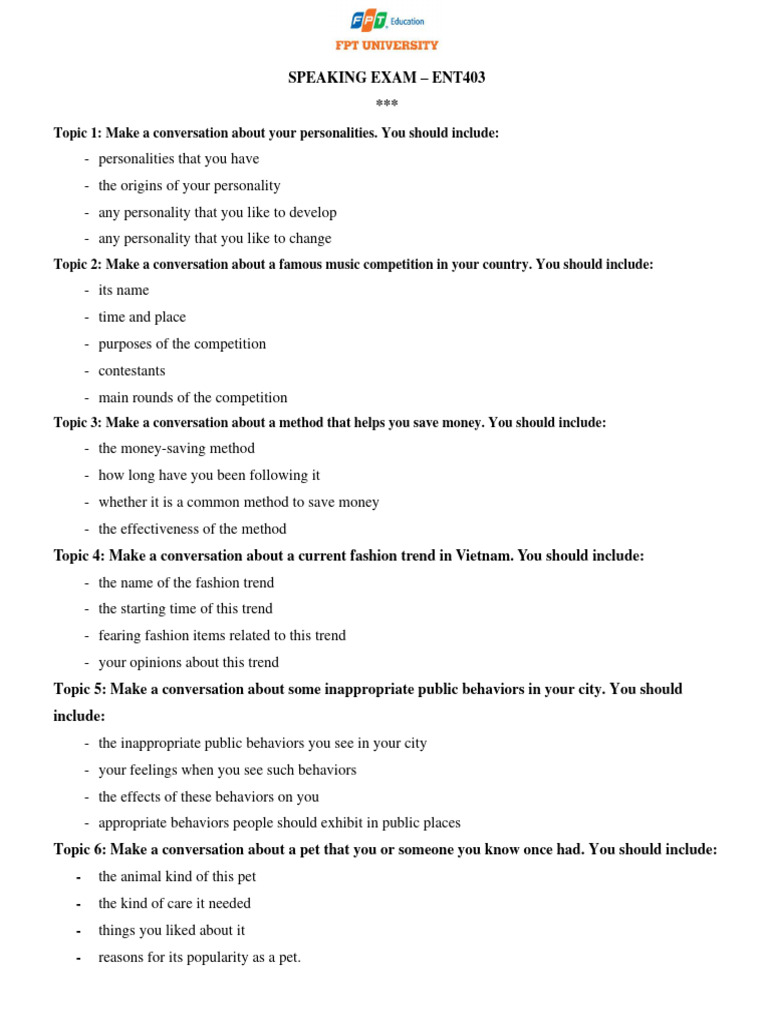 ENT403 SP24 H2 FE Speaking Topics SV | Download Free PDF ...