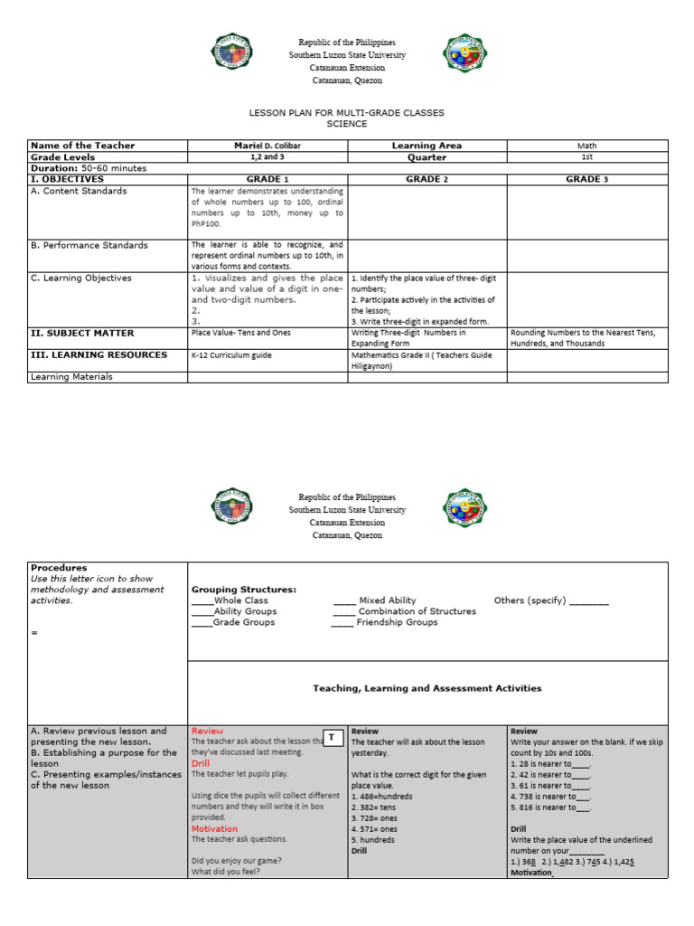 Lesson Plan For Multi | PDF | Numbers | Lesson Plan
