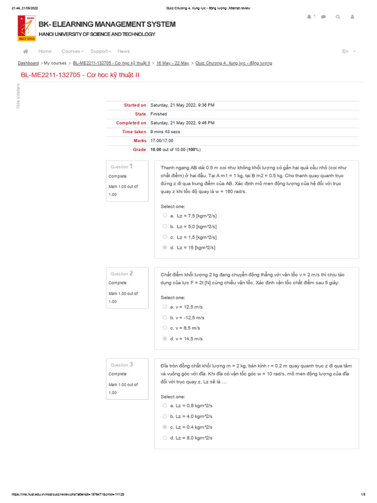 Quiz Chương 4. Xung L C - Đ NG Lư NG - Attempt Review | PDF
