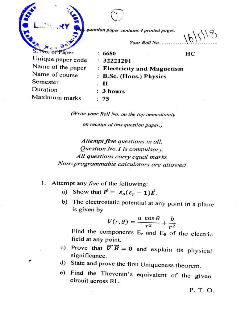 B.Sc.(H) Physics-2nd Semester-2018 | PDF | Inductance | Diffraction
