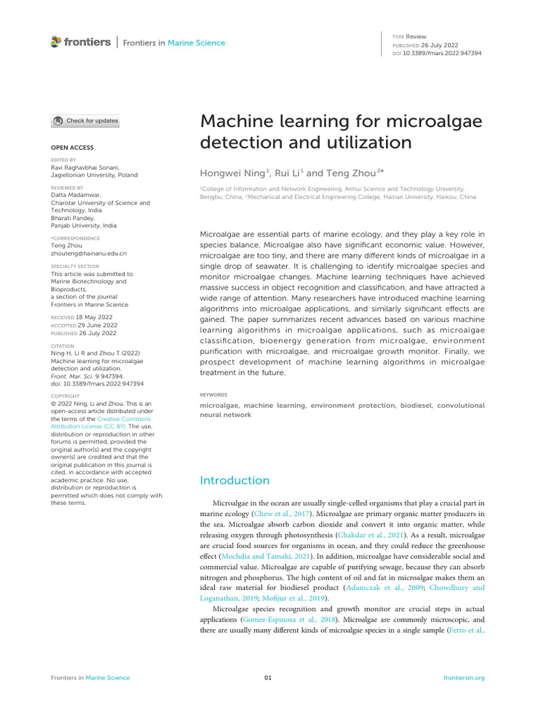 Machine Learning For Microalgae Detection and Utilization | Download Free PDF | Artificial ...