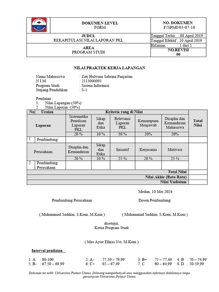 Rekap Nilai PKL Mahasiswa | PDF