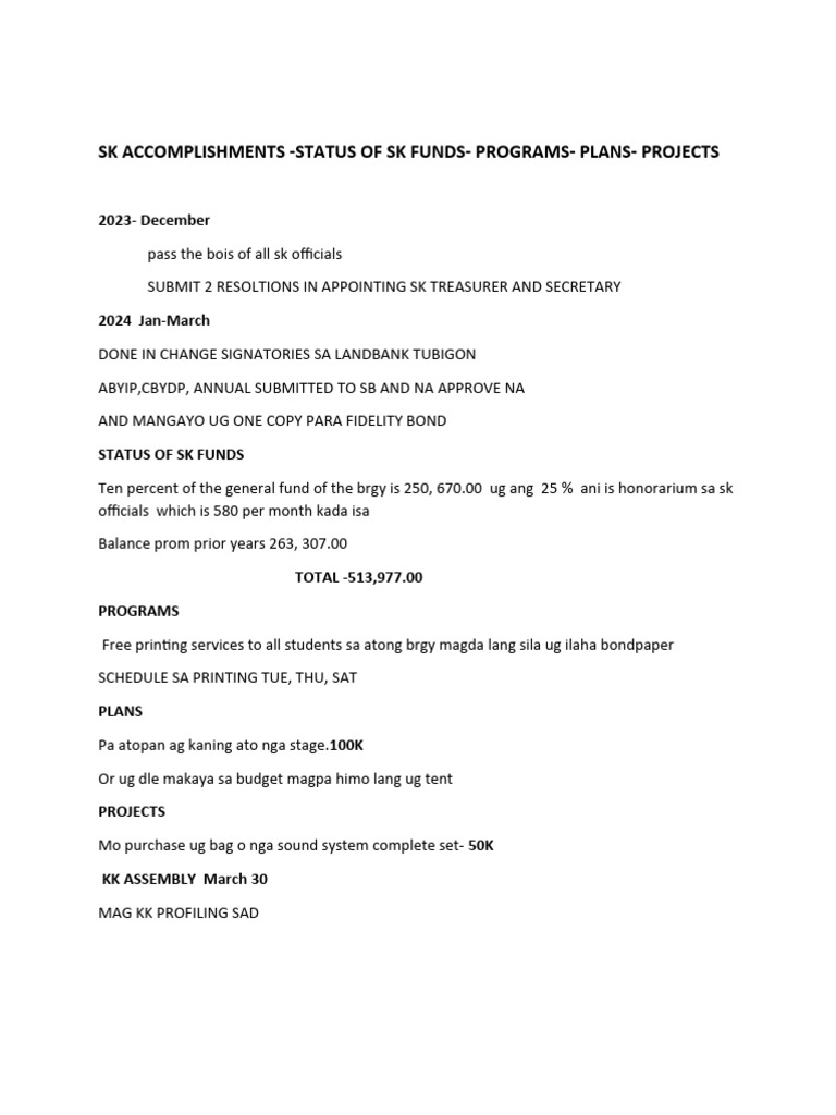 SK Funds Status and Upcoming Projects | PDF