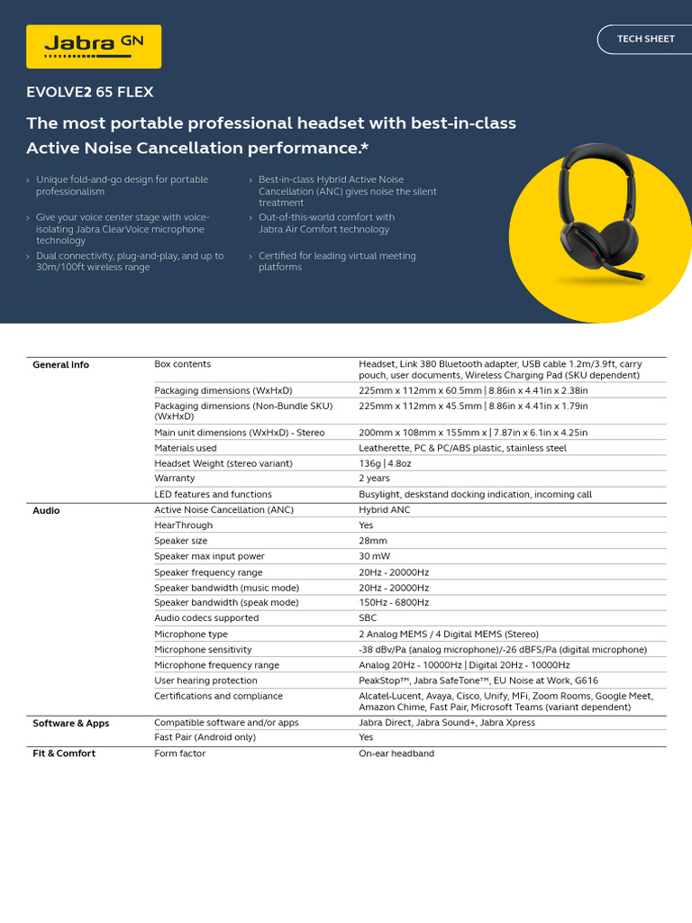 EN Jabra Evolve2 65 Flex Tech Spec 24042023 | PDF | Microphone | Bluetooth