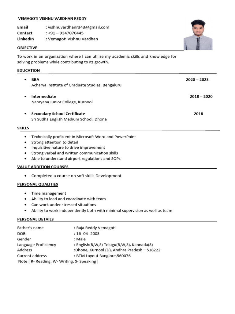BBA Graduate Resume of Vishnu Reddy | PDF | Career & Growth | Wellness
