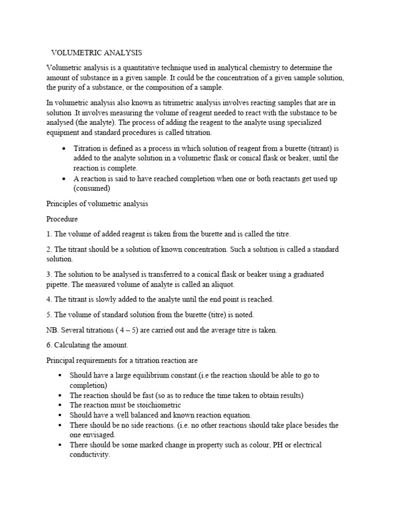 Volumetric Analysis | PDF | Titration | Chemistry