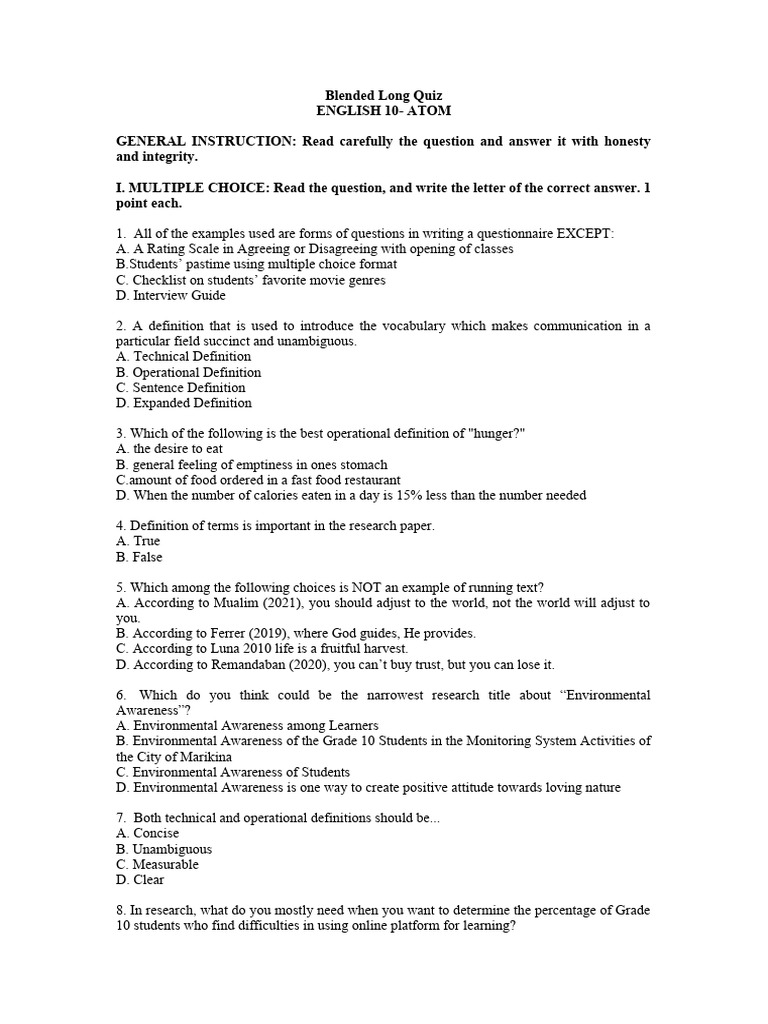 Blended Long Quiz | PDF | Learning | Second Language Acquisition