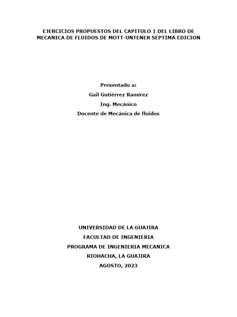 EJERCICIOS PROPUESTOS DEL CAPITULO DEL LIBRO DE MECANICA DE FLUIDOS DE MOTT | PDF