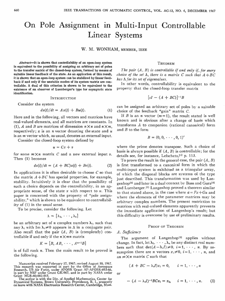 Wonham 1967 | PDF | Matrix (Mathematics) | Vector Space