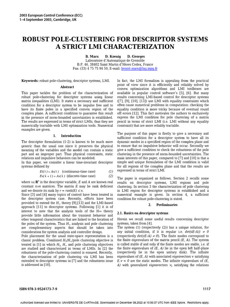 Robust Pole-Clustering For Descriptor Systems A Strict LMI Characterization | PDF | Eigenvalues ...