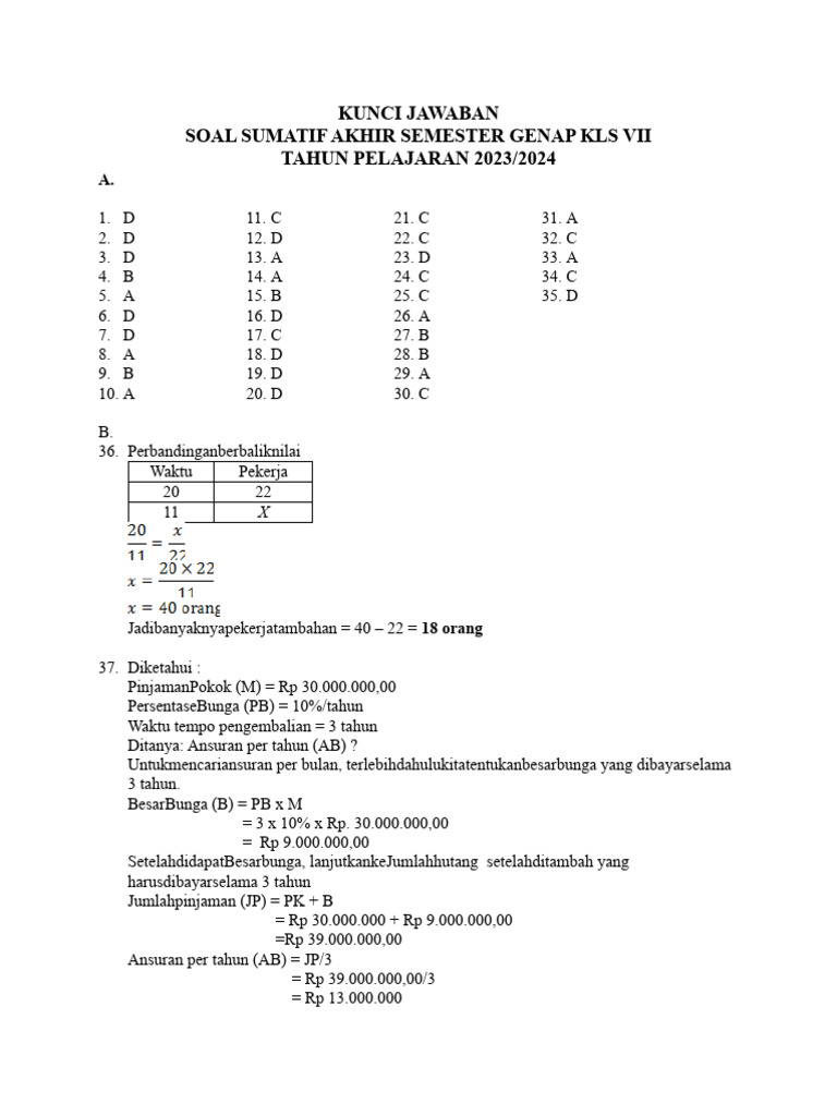 Kunci Jawaban Sumatif Akhir Semester Genap MTK 7 2022-2023 | PDF | Metode & Bahan Ajar