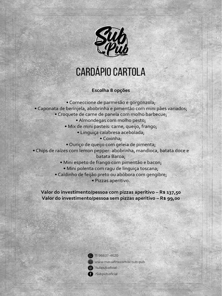 Cardápios Sub Pub-Noite 2024 | PDF | Alimentos | Culinária