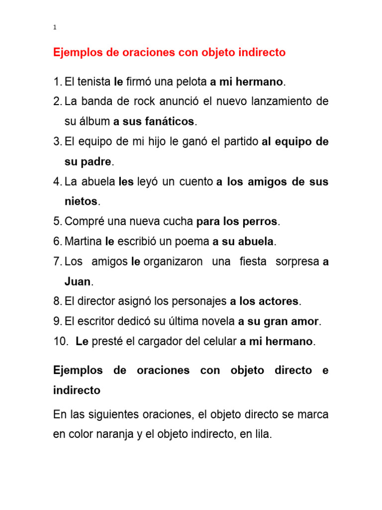 Ejemplos de Oraciones Con Objeto Indirecto | PDF