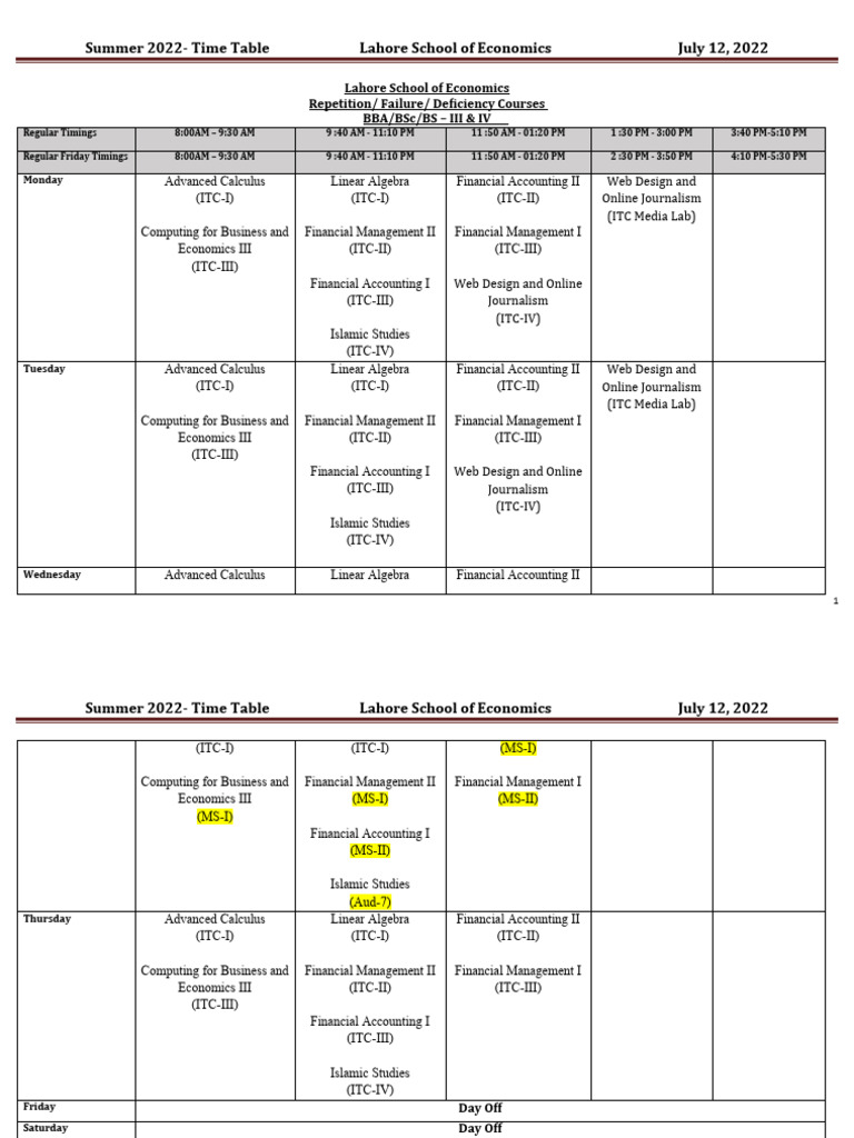 Time - Table - BBA - BSC - BS - III - IV - Summer Term 2022 | PDF | Qualifications | Business
