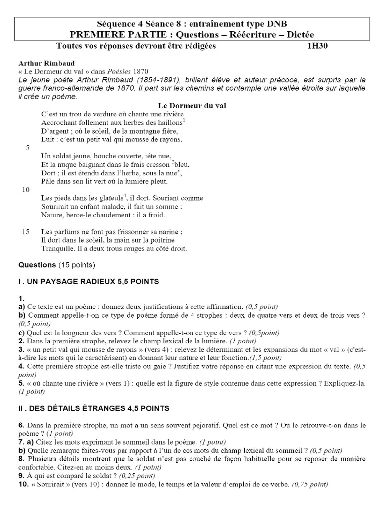 Le Dormeur Du Val - Questions - Réécriture - Dictée | PDF