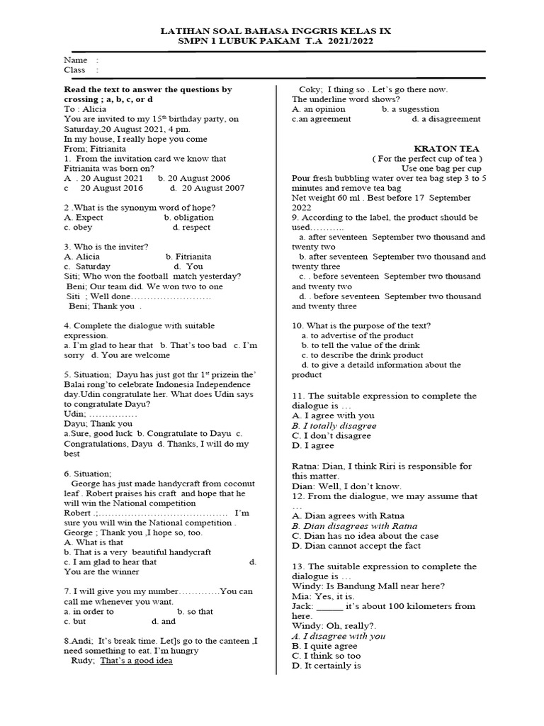 Kisi-Kisi Bahasa Inggris Kelas Ix KD 3.1 | PDF