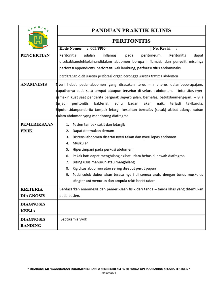 Panduan Peritonitis: Diagnosis dan Tatalaksana | PDF