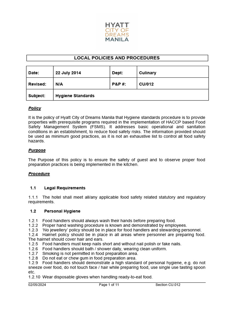 P - P CU-012 Hygiene Standards | PDF | Food Safety | Hygiene
