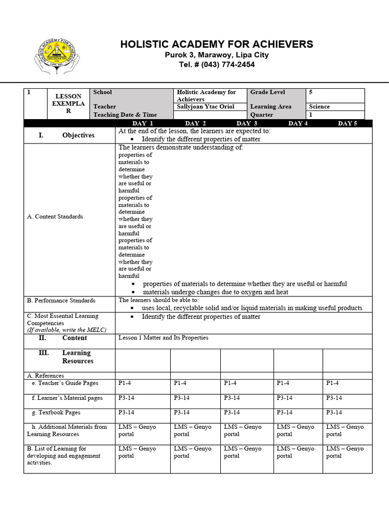 Q1 - Matter and Its Properties | PDF | Learning | Teaching