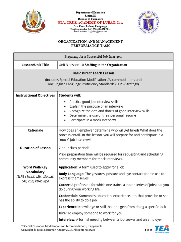 Lesson Plan - The Job Interview - 0 | PDF | Individualized Education ...
