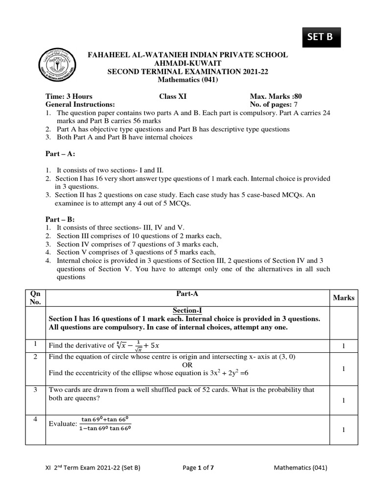 Set-B-T-2-cl11 - QP-2021-22 - Maths - 2021-22 | Download Free PDF | Ellipse | Mathematics