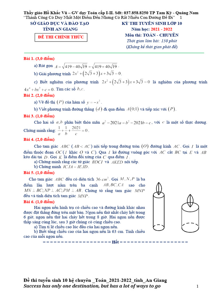001 - Đề thi vào 10 - hệ chuyên - môn Toán 2021-2022 - tỉnh - An Giang | PDF