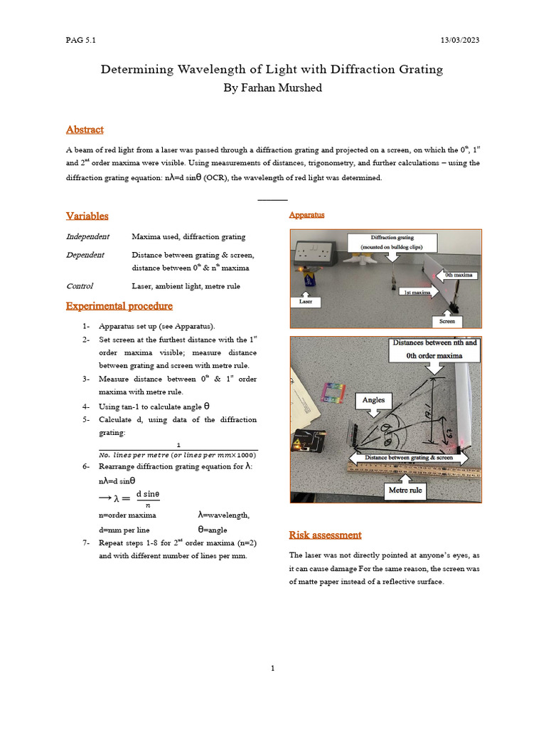 Farhan Murshed Physics PAG report - Determining Wavelength of Light | PDF | Diffraction | Wavelength
