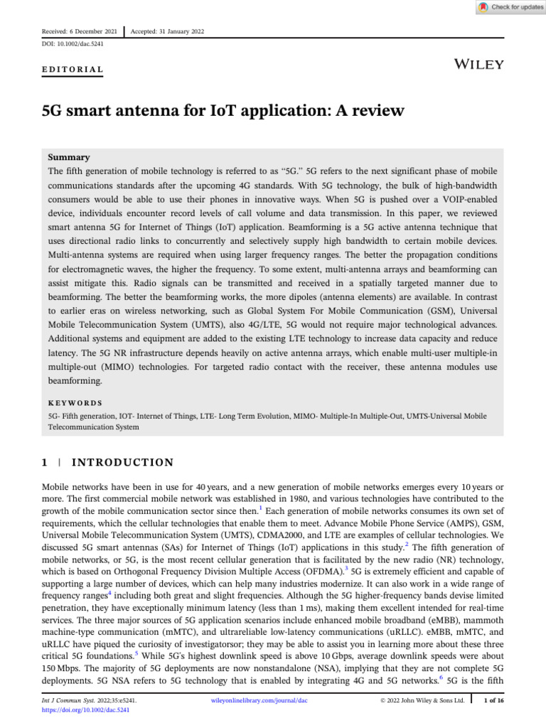 Int J Communication - 2022 - Kishore - 5G Smart Antenna For IoT Application A Review | PDF ...