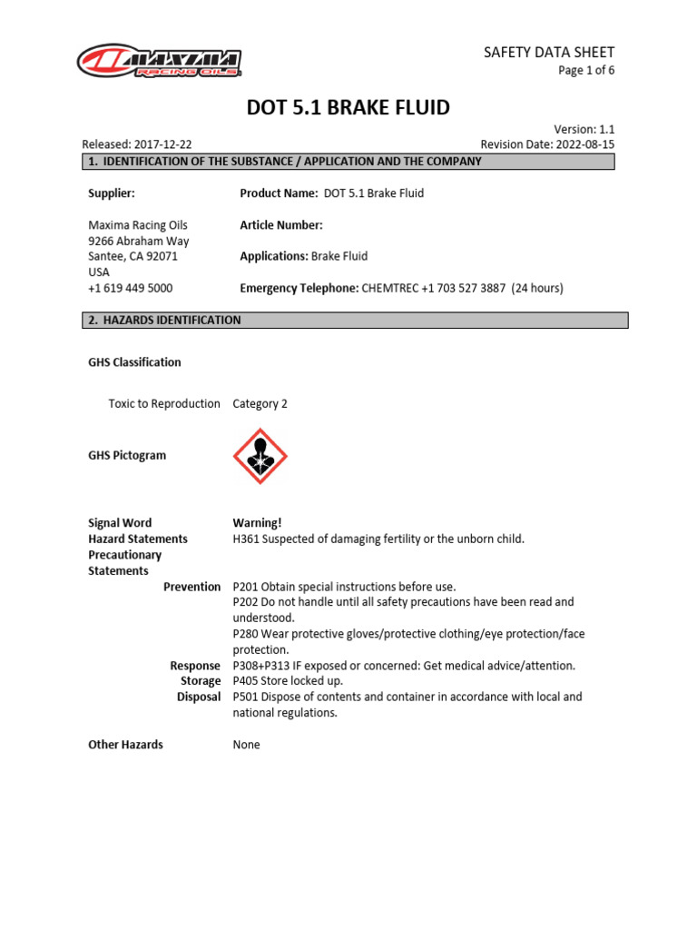 DOT 5.1 Brake Fluid SDS | PDF | Firefighting | Carbon Dioxide