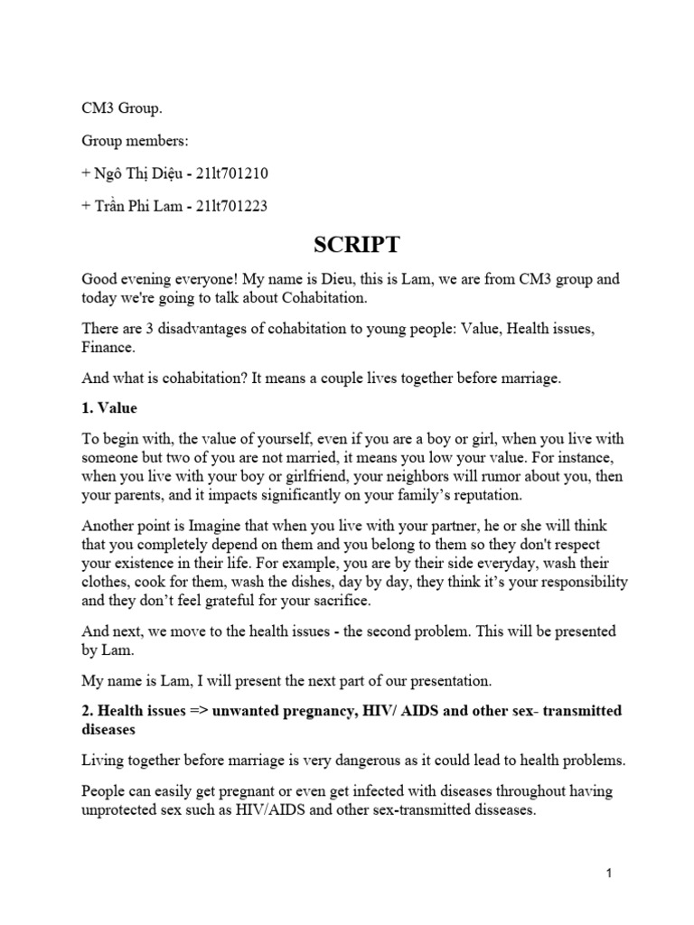 Presentation Skill - CM3 Group - Script. | PDF | Pregnancy | Cohabitation