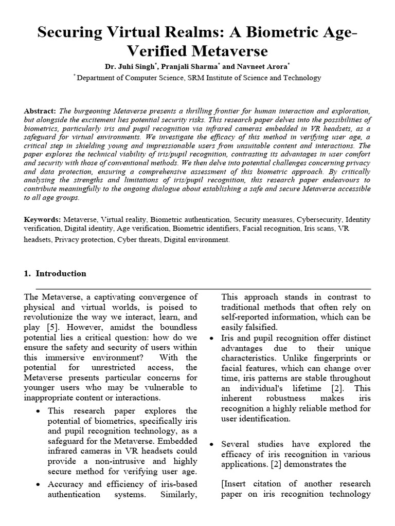 SecuringVirtualRealmsABiometricAge-VerifiedMetaverse | PDF | Virtual Reality | Authentication