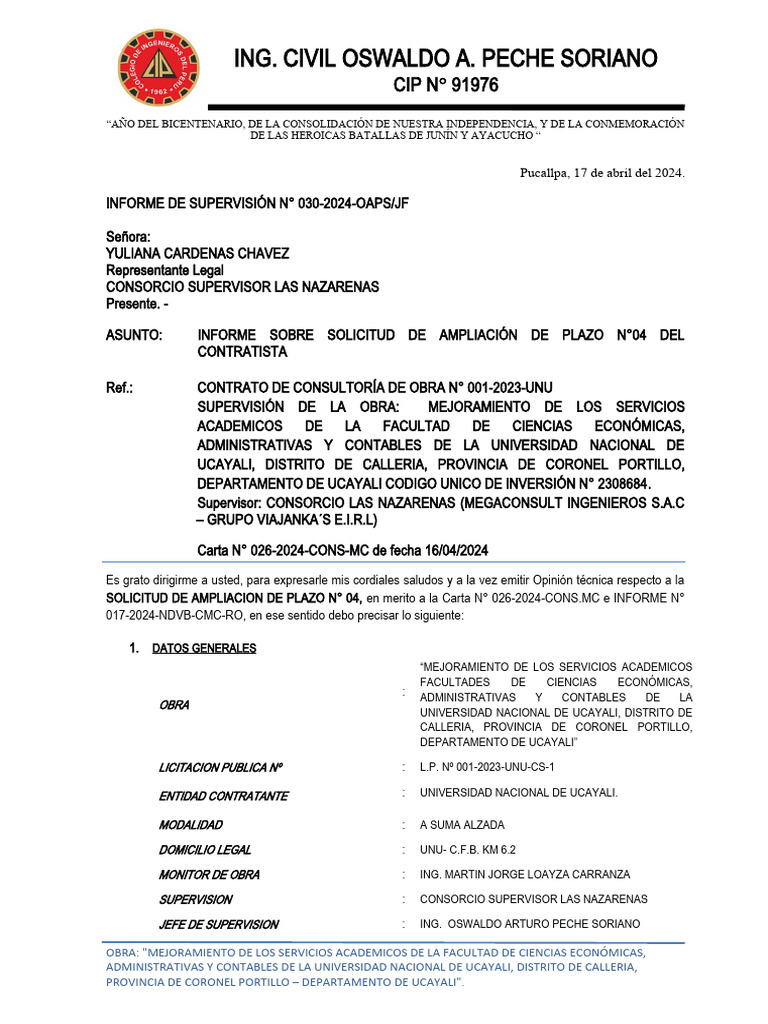 Informe #001 - 2024 - Oaps - JS Remite Informe de Ampliacion de Plazo #04 | Descargar gratis PDF ...