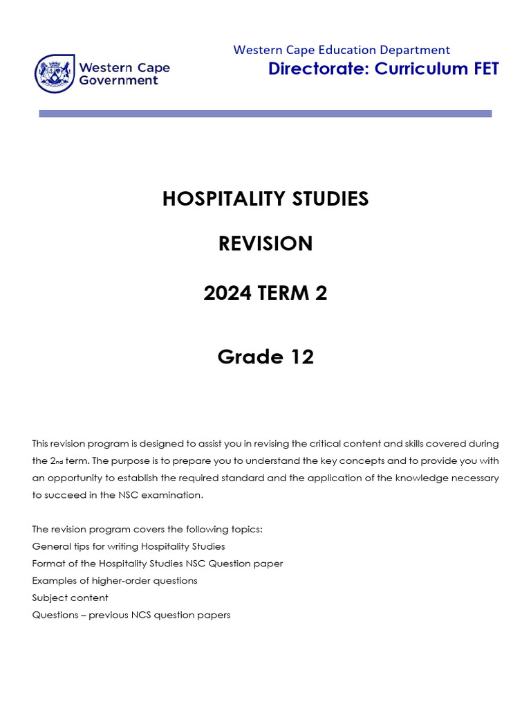 Grade 12 Hospitality Studies Revision 2024 | PDF | Baking | Custard