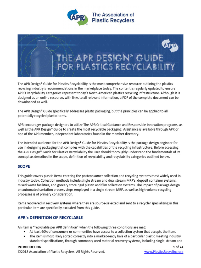 APR Design Guide For Plastics Recyclability 2018 | PDF | Recycling ...
