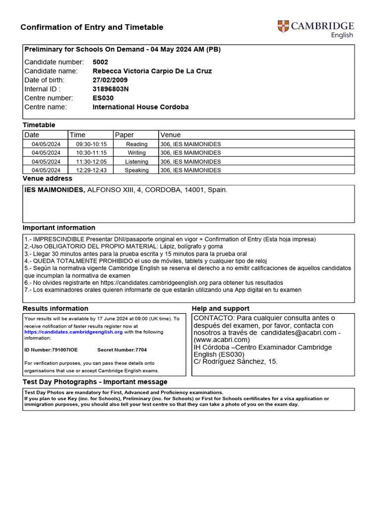 Confirmation of Entry | PDF | Student Assessment And Evaluation ...