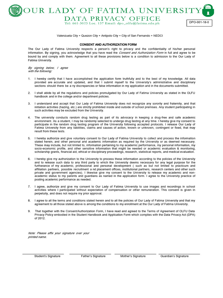 OLFU Consent and Authorization Form | PDF | Consent | Justice