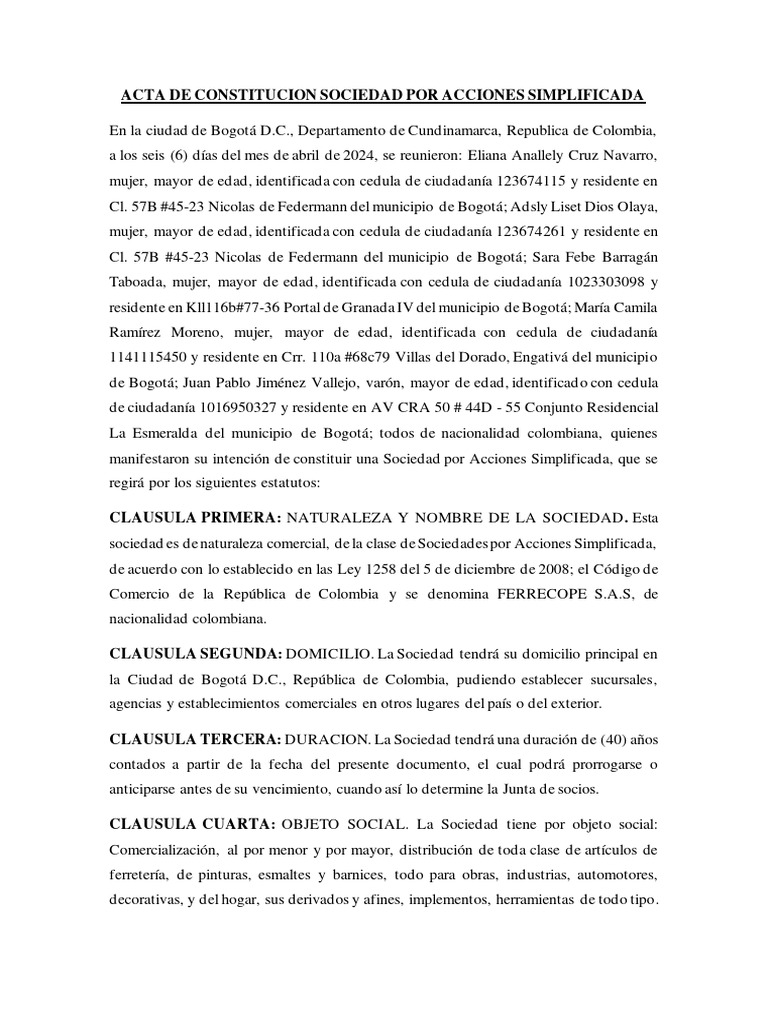 Acta de Constitucion Sociedad Por Acciones Simplificada | Descargar ... Acta de Constitucion Sociedad Por Acciones Simplificada | Descargar ...